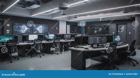 A Spacious And Well Lit Computer Lab With Large Monitors Created With Generative AI Stock