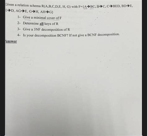 solved a given a relation schema r a b c d e h g with