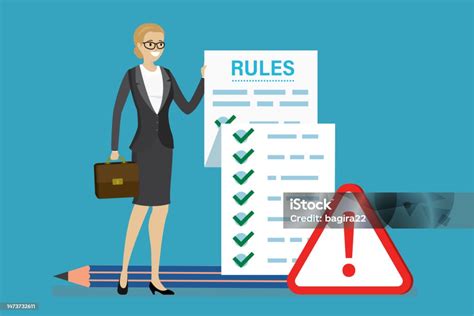 백인 사업가는 규칙 및 규정 문서 작성을 마칩니다 직원이 따라야 할 정책 및 지침 법적 용어 기업 규정 준수 또는 법률 표준 절차 개념에 대한 스톡 벡터 아트 및 기타