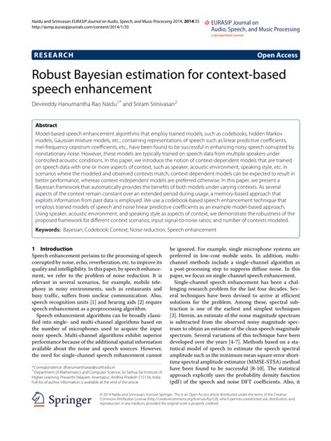 Pdf Robust Bayesian Estimation For Context Based Speech Enhancement