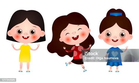 재미 있고 재생 하는 자유 시간을 보내고 재미 있는 귀여운 어린 소녀의 집합입니다 평면 만화 스타일의 벡터 일러스트레이션입니다 감탄에 대한 스톡 벡터 아트 및 기타 이미지