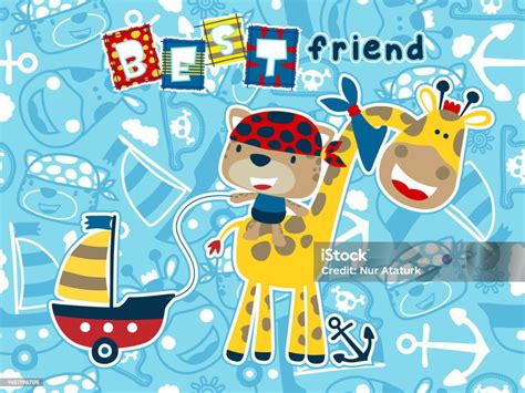 기린의 등에 두건을 두건을 타고 요트 장난감 해적 요소 그림을 당기는 재미있는 고양이의 벡터 만화 고양이 새끼에 대한 스톡 벡터 아트 및 기타 이미지 Istock