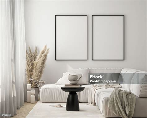 프레임 모형 Iso A 용지 크기 거실 벽 포스터 모형 집 배경이 있는 인테리어 모형입니다 모던한 인테리어 디자인 3d 렌더링 공란에 대한 스톡 사진 및 기타 이미지