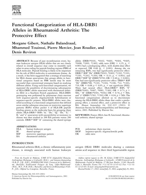 Pdf Functional Categorization Of Hla Drb1 Alleles In Rheumatoid Arthritis The Protective Effect