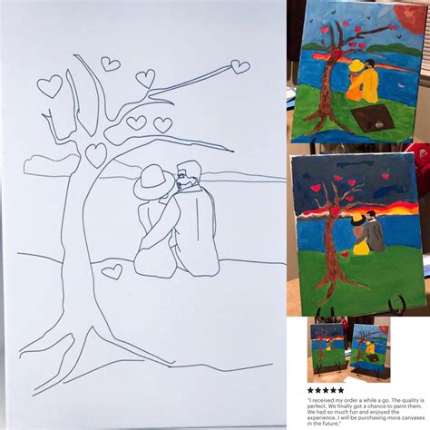Lovers Sitting Under Tree Couple Drawing Predrawn Canvas Etsy