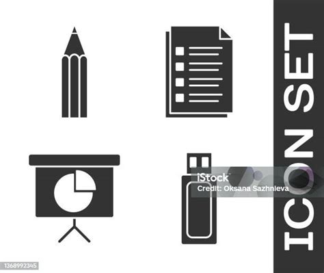 Usb 플래시 드라이브 연필 프리젠 테이션 재무 보드를 그래프 일정 차트 다이어그램 인포 그래픽 원형 그래프 및 파일 문서 아이콘으로 설정합니다 벡터 Usb 케이블에 대한