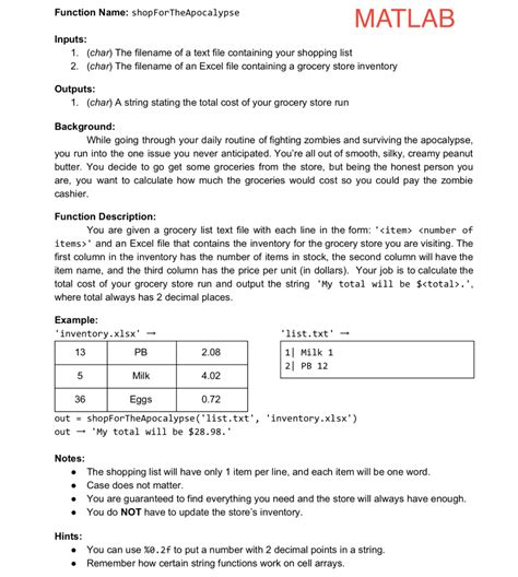 Solved Function Name Shopfortheapocalypse Matlab Inputs 1