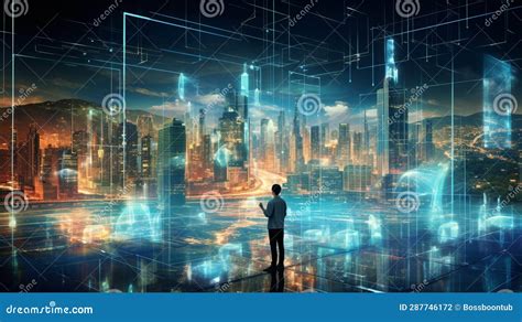 A Dynamic Hologram Shifts Through A Myriad Of Digital Landscapes â€ From A Bustling Digital