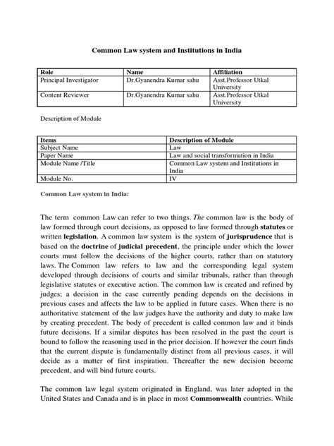 Common Law System Pdf Common Law Precedent