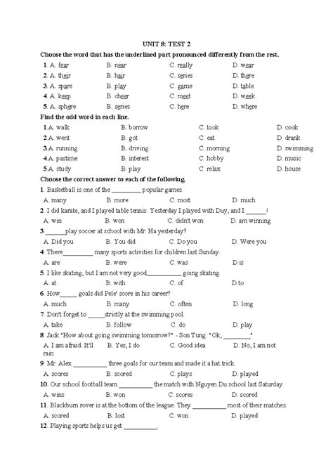 Unit 8 Test 2 Unit 8 Test 2 Choose The Word That Has The Underlined