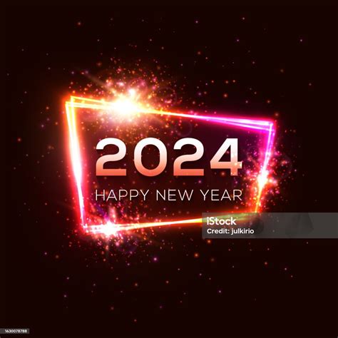 새해 복 많이 받으세요 2024 네온 불빛 직사각형 프레임 휴일 인사말 카드 또는 배너 디자인 텍스트 별 반짝임이 있는 전기 축하 표시 축제 새해 나이트 클럽 3d 간판