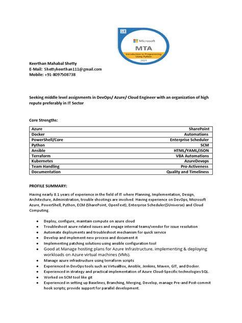 Keerthan Shetty Resume Pdf Share Point Microsoft Azure