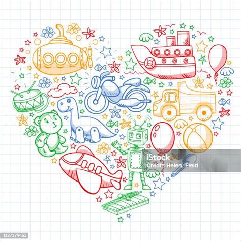 어린이 장난감 세트 아이 그리기 벡터 플랫 스타일 만화 일러스트레이션입니다 나무와 플라스틱 장난감 재미와 활동 유치원 보육 차에 대한 스톡 벡터 아트 및 기타 이미지