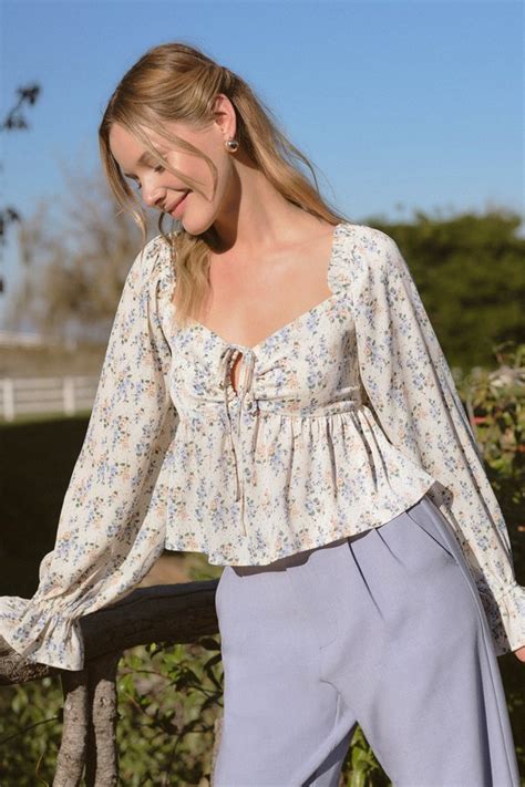 Ivory Floral Print Top Cropped Balloon Sleeve Top Ruffled Top Lulus
