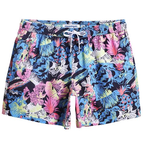 55 Inch Inseam Stretch Blue Pink Printed Swim Trunks Maamgic