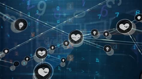 Animation Of Network Of Connections With Icons Over Caucasian Male Hacker And Data Processing