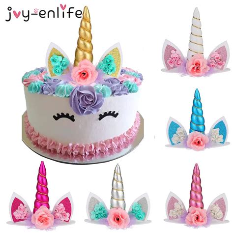 골드 유니콘 뿔 귀 케이크 토퍼 Unicornio 파티 케이크 장식 컵케익 토퍼 생일 파티 장식 어린이 용품케이크 데코용품
