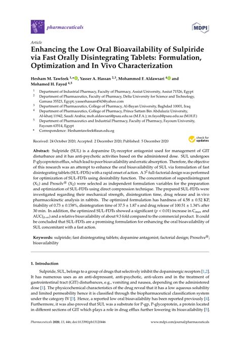 Pdf Enhancing The Low Oral Bioavailability Of Sulpiride Via Fast Orally Disintegrating Tablets