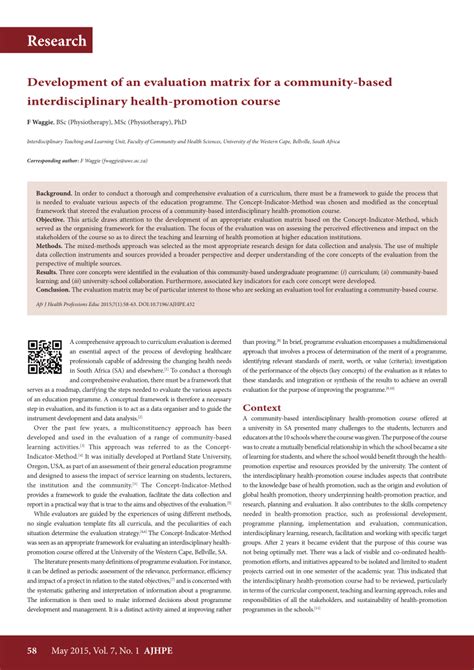 PDF Development Of An Evaluation Matrix For A Community Based Interdisciplinary Health