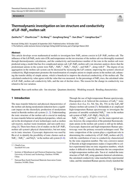 Thermodynamic Investigation On Ion Structure And Conductivity Of Lif Ndf3 Molten Salt