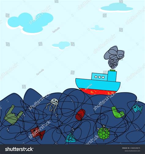Cartoon Boat Ocean Various Trash Debris Stock Vector Royalty Free Shutterstock
