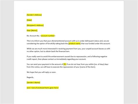 Repossession Warning Repossession Warning Letter Template