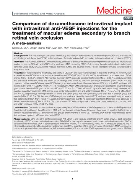 Pdf Comparison Of Dexamethasone Intravitreal Implant With Intravitreal Anti Vegf Injections