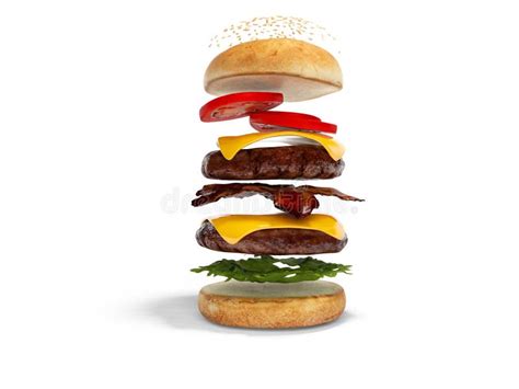 Concept Of Creating Hamburger In Layers 3d Render Illustration On White