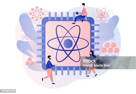양자 컴퓨팅 개념 큰 양자 컴퓨터 칩으로 일하는 작은 사람들 엔지니어와 과학자 광학 기술 포토닉스 연구 현대 플랫 만화 스타일 벡터 일러스트레이션 Cpu에 대한 스톡 벡터