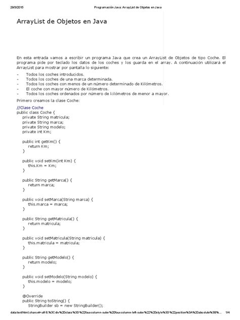 Arraylist De Objetos En Java Clase Coche Pdf Java Lenguaje De Programación Cadena