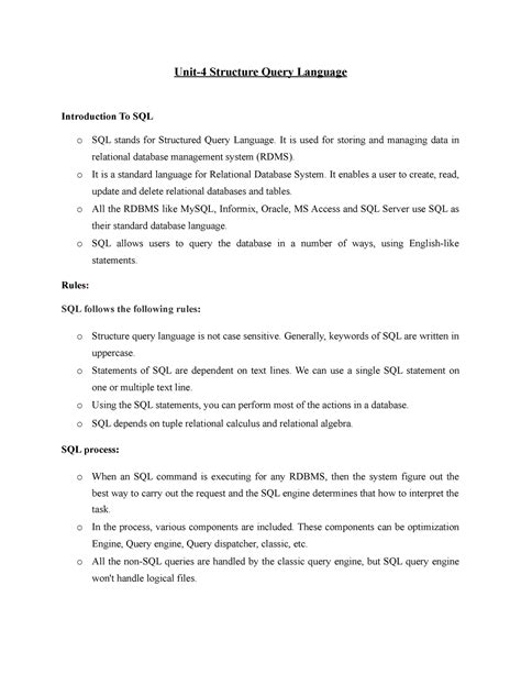 Unit 4 Notwes Unit 4 Structure Query Language Introduction To SQL O
