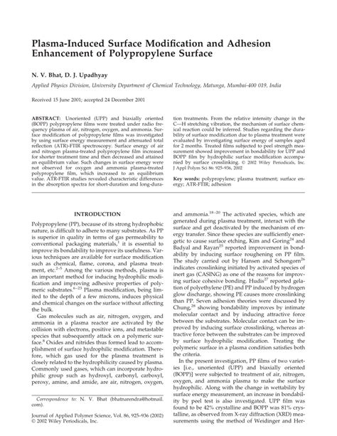 Pdf Plasma‐induced Surface Modification And Adhesion Enhancement Of