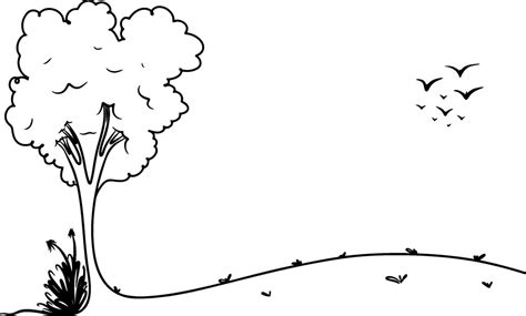 Countryside Landscape In Continuous Line Art Drawing Style Trees With Grass Flower And Flying