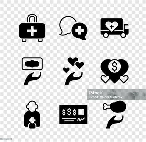 응급 처치 키트 세트 의사와의 대화 인도주의 트럭 어린이 돌보기 은행 수표 기부 음식 자선 및 심장 손 아이콘 벡터 Brand Name Online Messaging