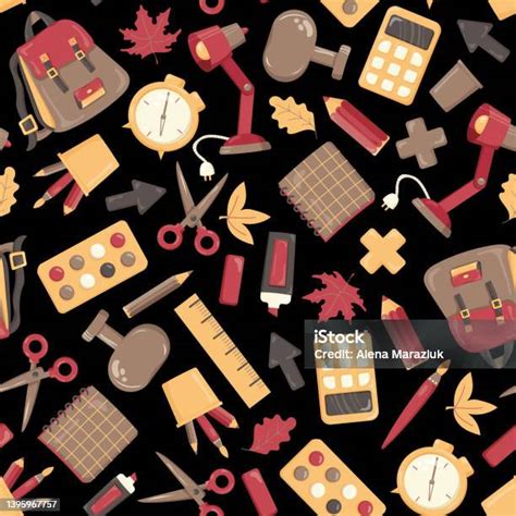 어두운 배경에 학교 용품의 원활한 밝은 패턴 학교로 돌아 가기 벡터 일러스트 레이 션 개념에 대한 스톡 벡터 아트 및 기타 이미지 개념 개념과 주제 건축물 Istock
