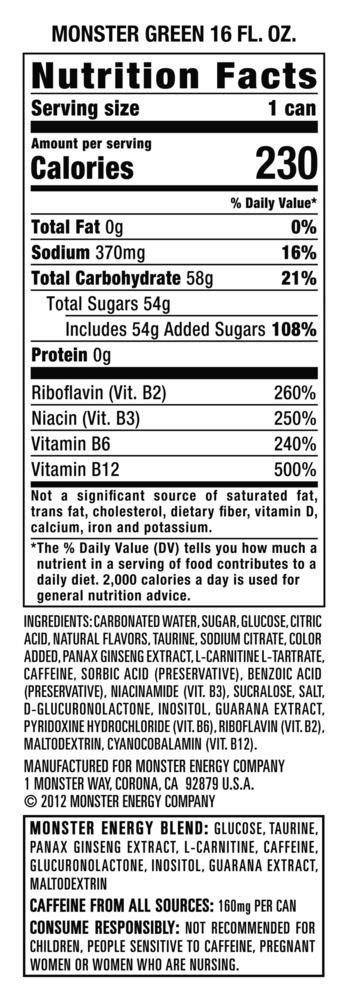 Monster Energy Original Nutrition Facts