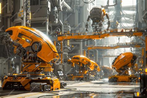 Premium Photo Futuristic Automated Robotics Assembly Line In Industrial Factory Setting With