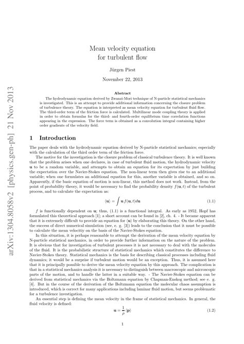 Pdf Mean Velocity Equation For Turbulent Flow I Application Of Zwanzig Mori Technique