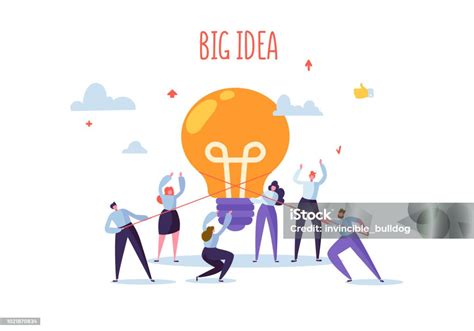 큰 전구 아이디어 가진 편평한 비즈니스 사람입니다 혁신 브레인 스토밍 창의력 개념입니다 새로운 프로젝트에 함께 작동 문자 벡터 일러스트 레이 션 아이디어에 대한 스톡 벡터