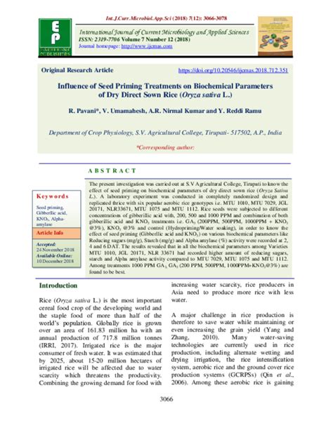 Pdf Influence Of Seed Priming Treatments On Biochemical Parameters Of