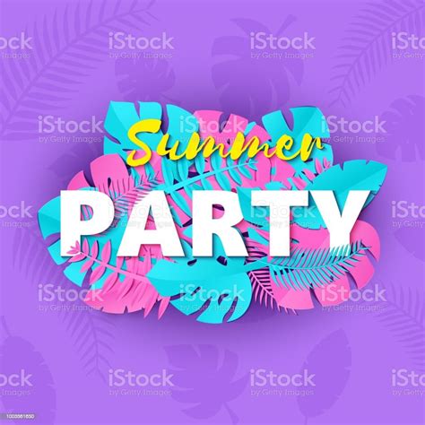 창의적인 핑크 블루 단어 파티 구성 보라색 배경 종이 스타일을 잘라 나뭇잎 디자인 포스터 배너 전단지 T셔츠 인쇄 벡터 일러스트 레이 션 카드에 대 한 열 대 잎 백색 편지