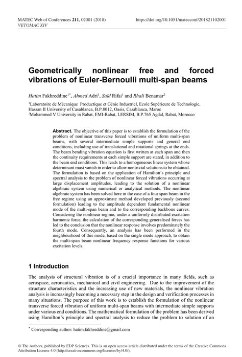 Pdf Geometrically Nonlinear Free And Forced Vibrations Of Euler Bernoulli Multi Span Beams