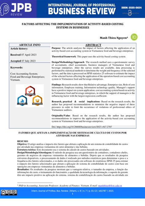 Pdf Factors Affecting The Implementation Of Activity Based Costing Systems In Businesses