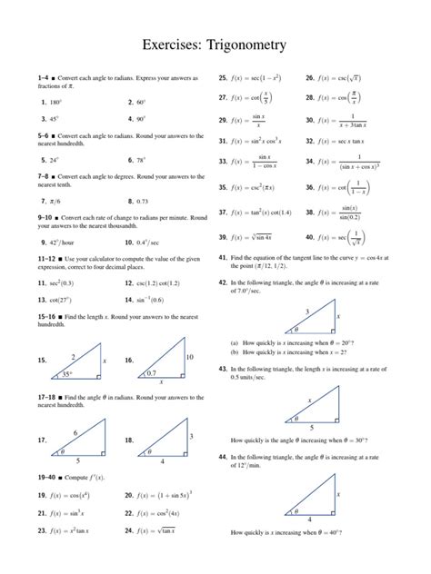 Trigonometry Exercises Sine Trigonometric Functions