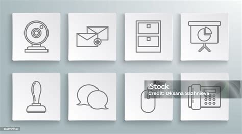 세트 회표 컴퓨터 마우스 전화 아카이브 서류 서랍 그래프 일정 차트 다이어그램 인포그래픽 원형 그래프 및 웹 카메라 아이콘이있는