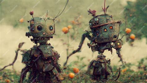 Premium Ai Image A Photo Of Three Robots In A Garden With A Tree In The Background
