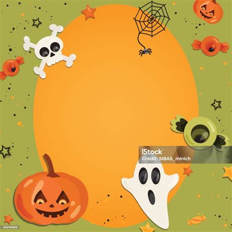 평면 스타일에서 할로윈 만화 예술입니다 오렌지 배경 귀여운 귀신 호박 눈 뼈 두개골 텍스트 및 디자인을 위한 달콤한와 프레임 벡터 일러스트 레이 션 10월에 대한 스톡 벡터