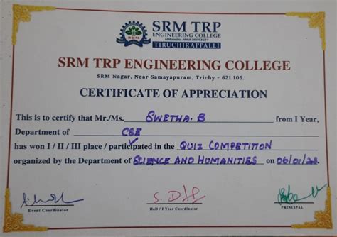 I Am Proud To Get A Certificate For The Topic Of Science And Humanities Swetha B
