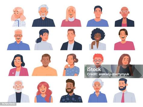 비즈니스 남성과 여성의 아바타 컬렉션입니다 다양한 인종과 연령대의 캐릭터 사용자 사진 일러스트레이션에 대한 스톡 벡터 아트 및