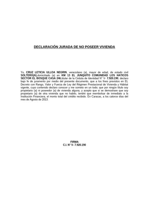 Declaración Jurada De No Poseer Vivienda Pdf